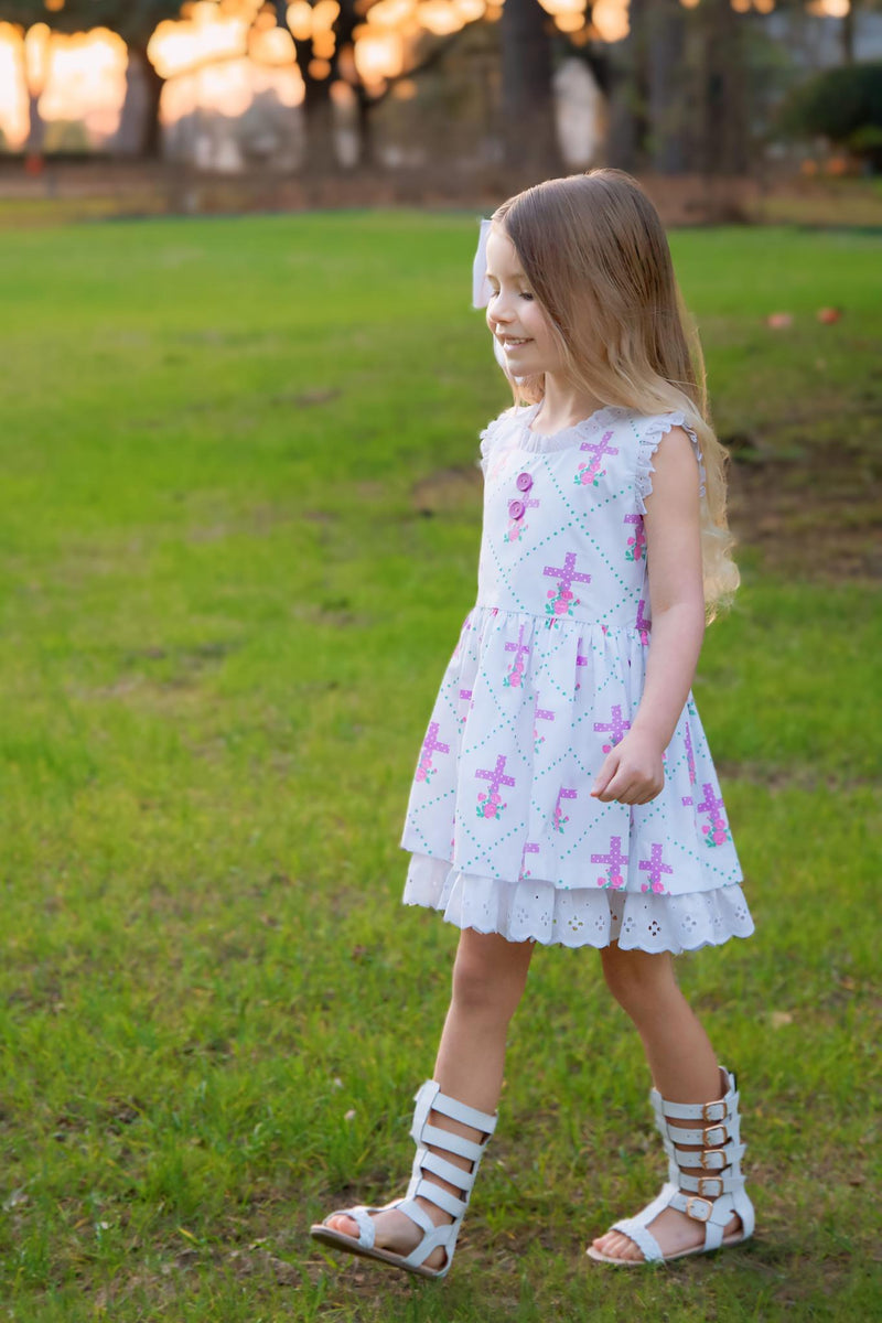 Grace Eyelet Trim Cross Printed Dress – poshpickle.com
